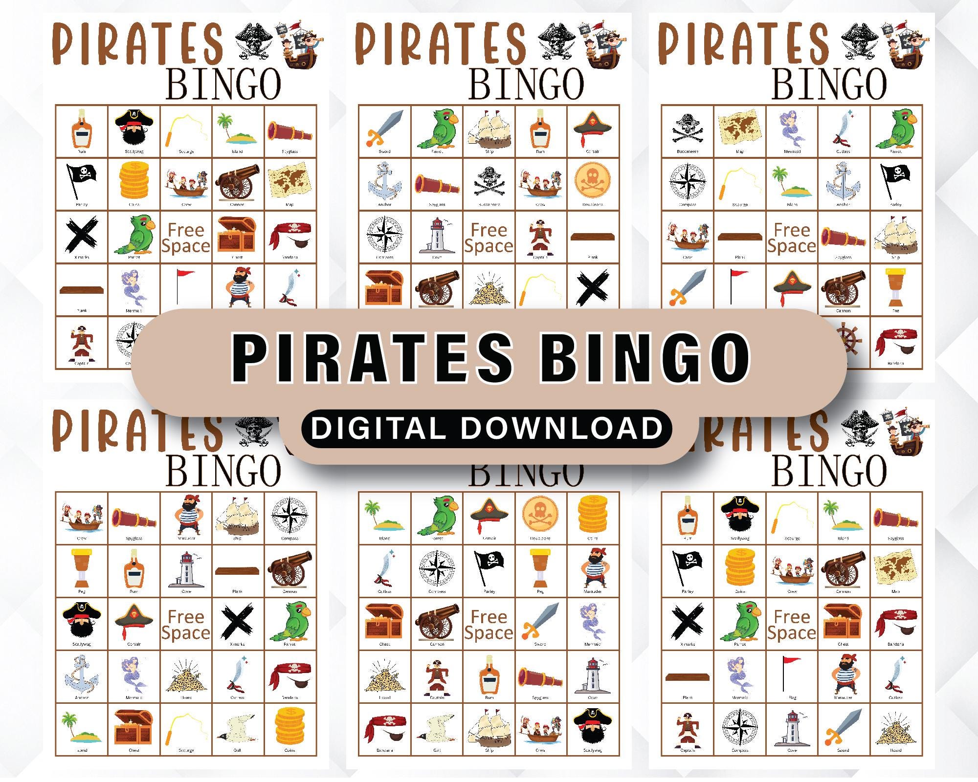 60 Pirate Bingo Cards, Pirate Bingo Games, Pirate Birthday Party ...