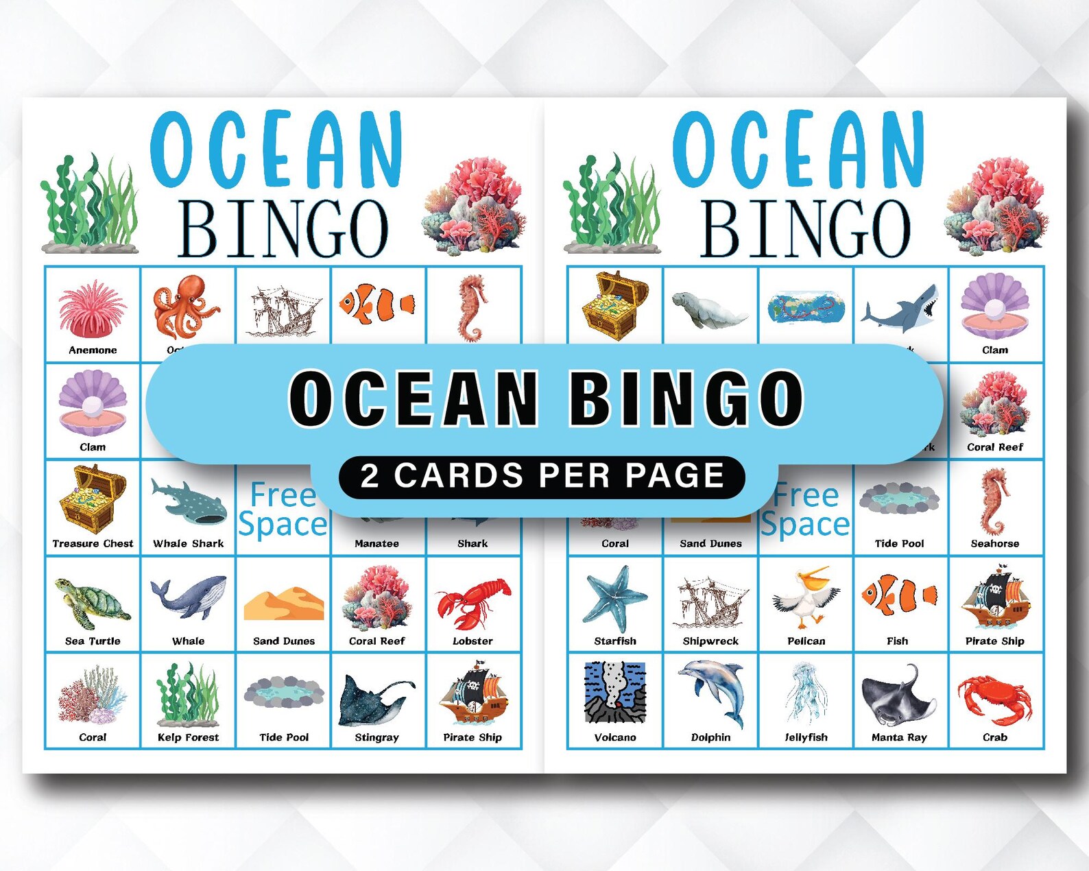 60 Ocean Bingo Cards, Ocean Bingo Activity, Under the Sea Bingo Cards ...