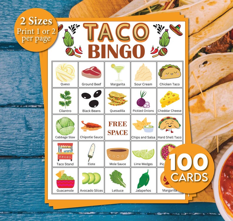 100 Printable Taco Bingo Cards, Taco Activity for Kids, Kids Taco Party ...