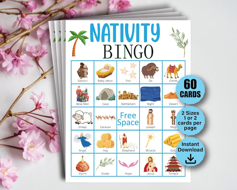 60 Nativity Bingo Cards, Christmas Nativity Bingo, Nativity Game ...