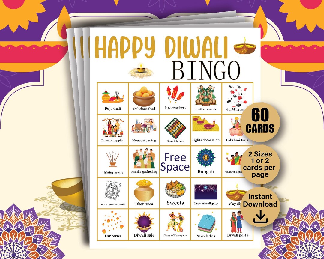 60 Diwali Bingo Cards, Diwali Party Games, Desi Indian Party Activity ...