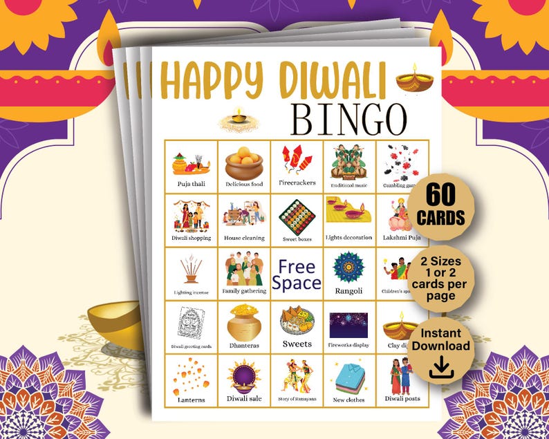 60 Diwali Bingo Cards, Diwali Party Games, Desi Indian Party Activity ...