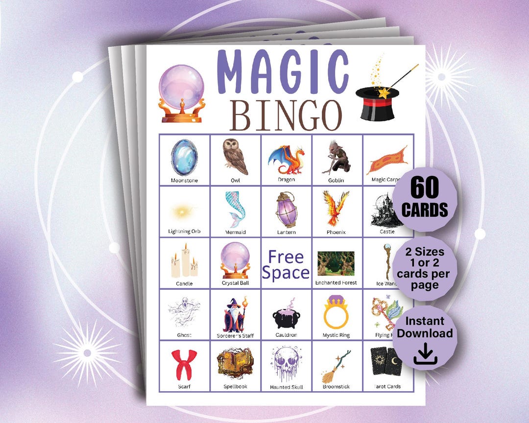 60 Magic Bingo Cards, Magic School Bingo, Wizard Party Activity, Witch ...