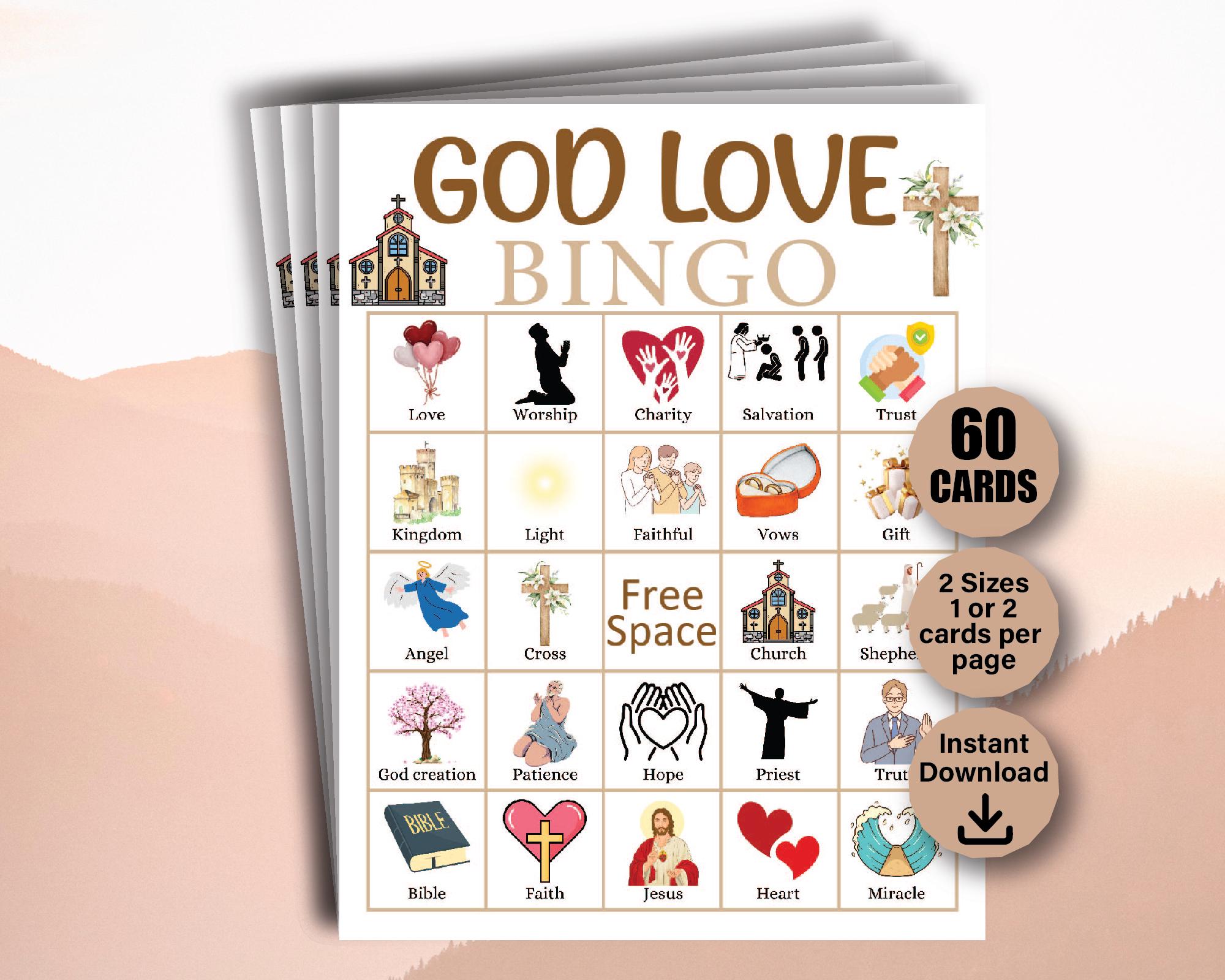 60 Gods Love Bingo Cards, Bible Bingo Card, Church Bingo Game, Bible ...
