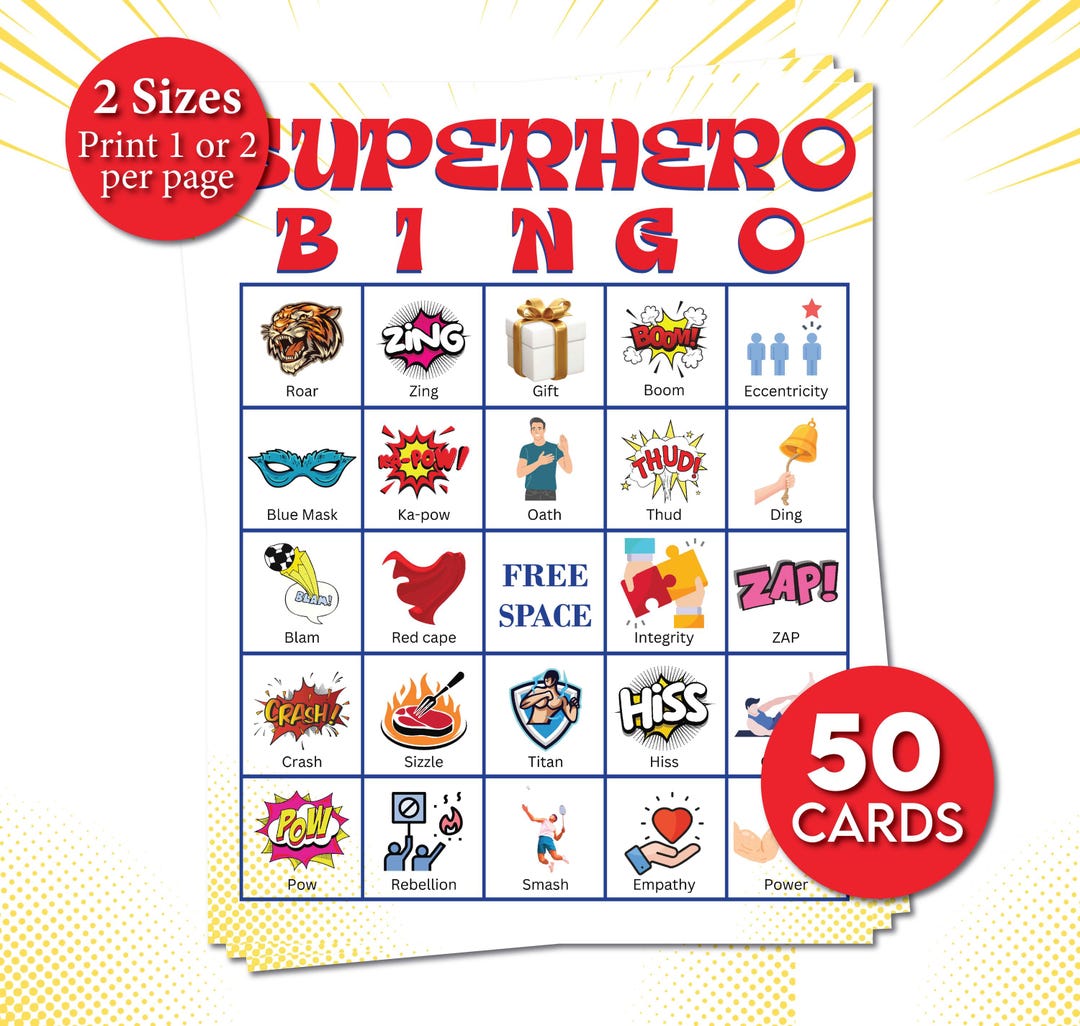 Superhero Bingo, 50 Superhero Bingo Cards, Kid's Printable Bingo Game ...