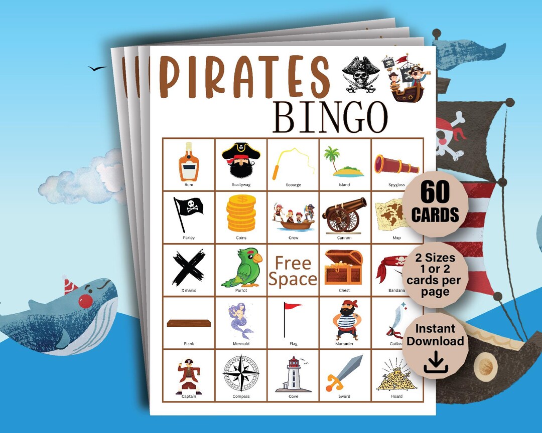 60 Pirate Bingo Cards, Pirate Bingo Games, Pirate Birthday Party ...