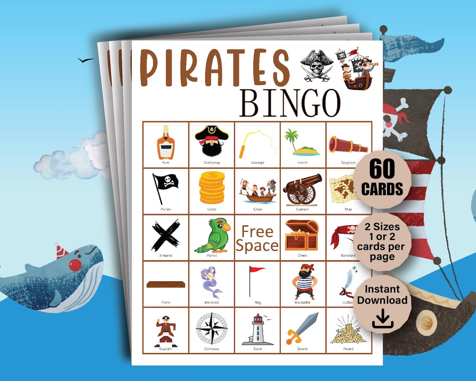 60 Pirate Bingo Cards, Pirate Bingo Games, Pirate Birthday Party ...