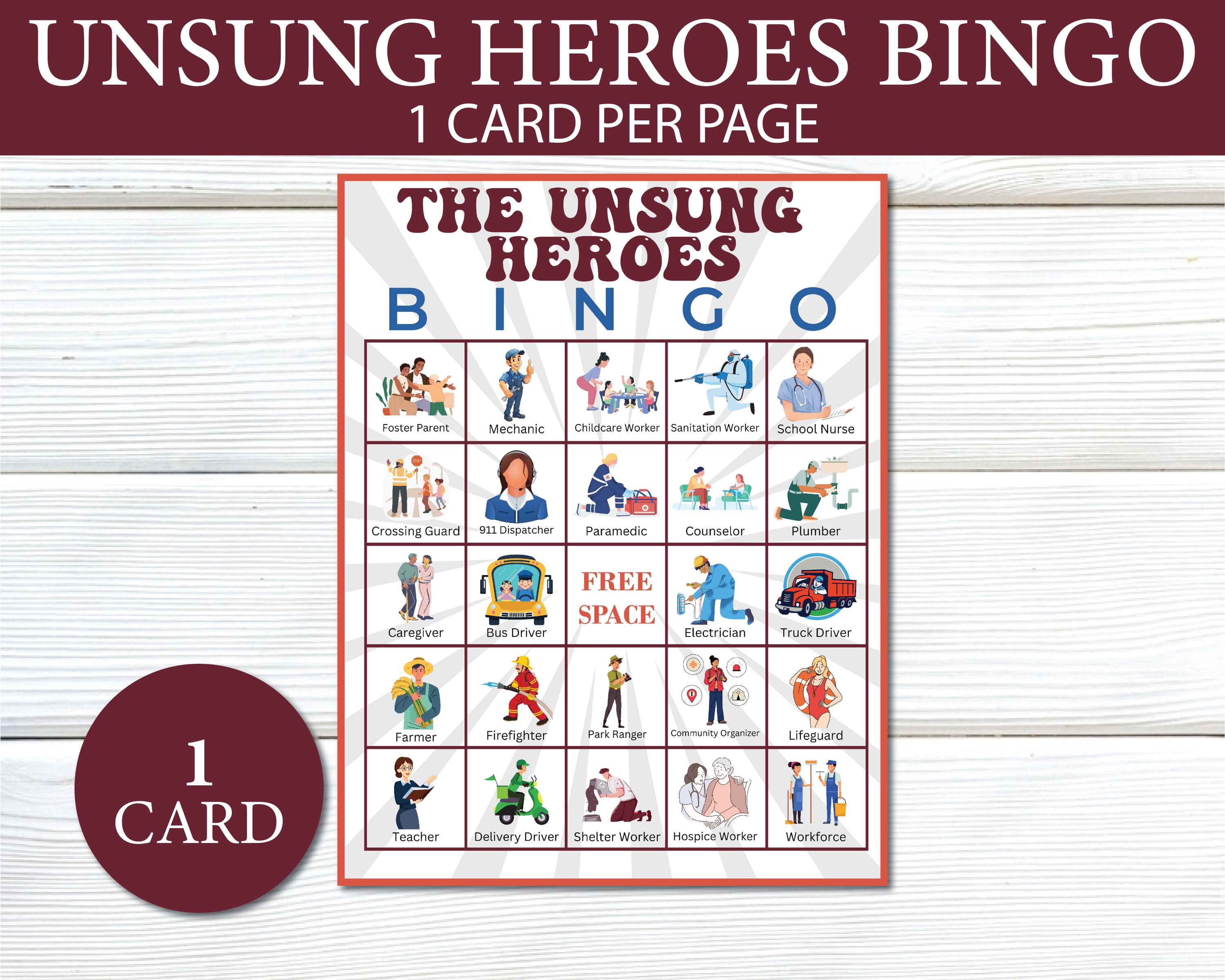 60 Unsung Heroes Bingo Game Card, Superheroes Bingo, Event Game PDF ...