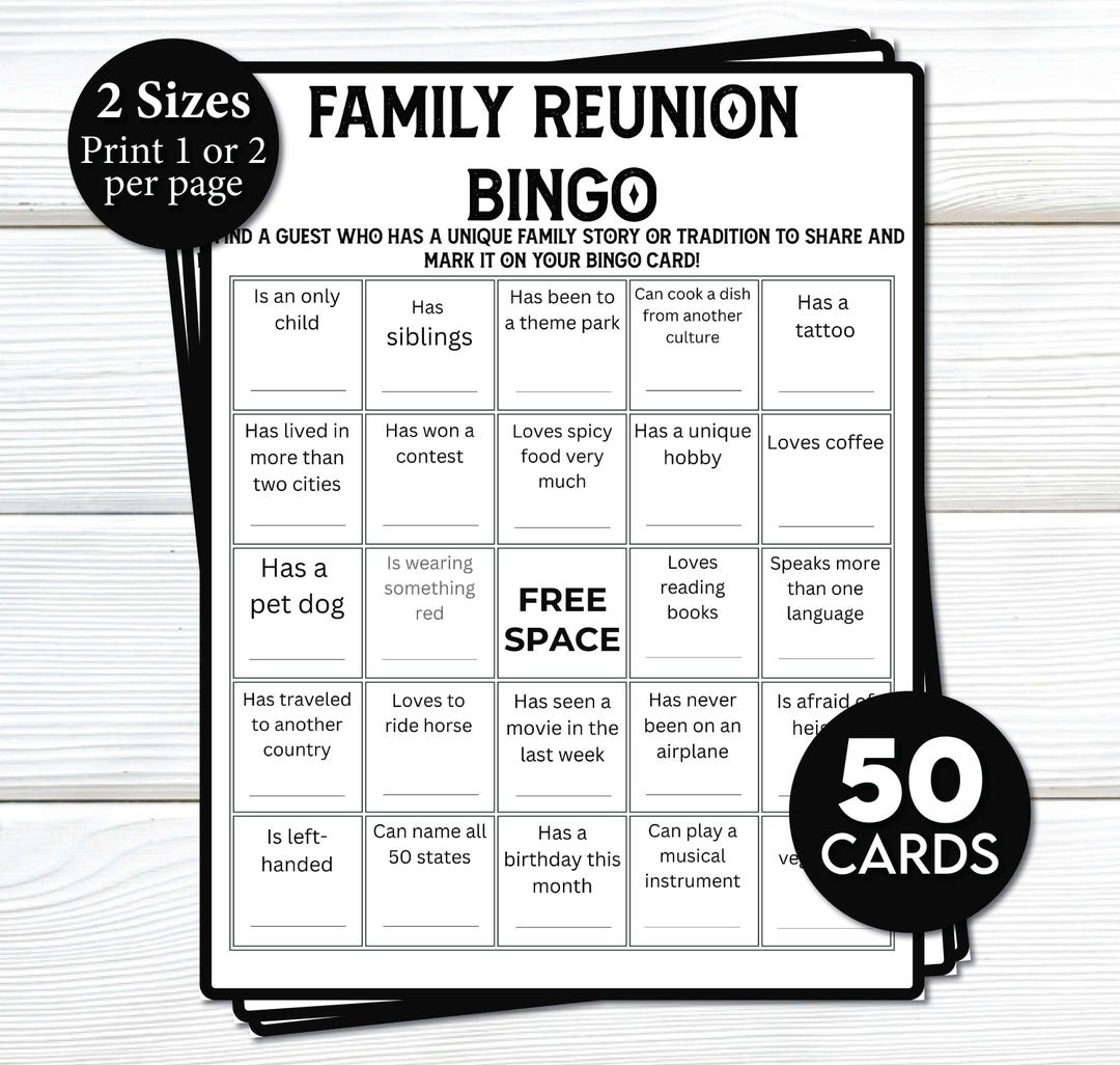 50 Family Reunion Bingo Cards, Family Reunion Find the Guest Bingo ...