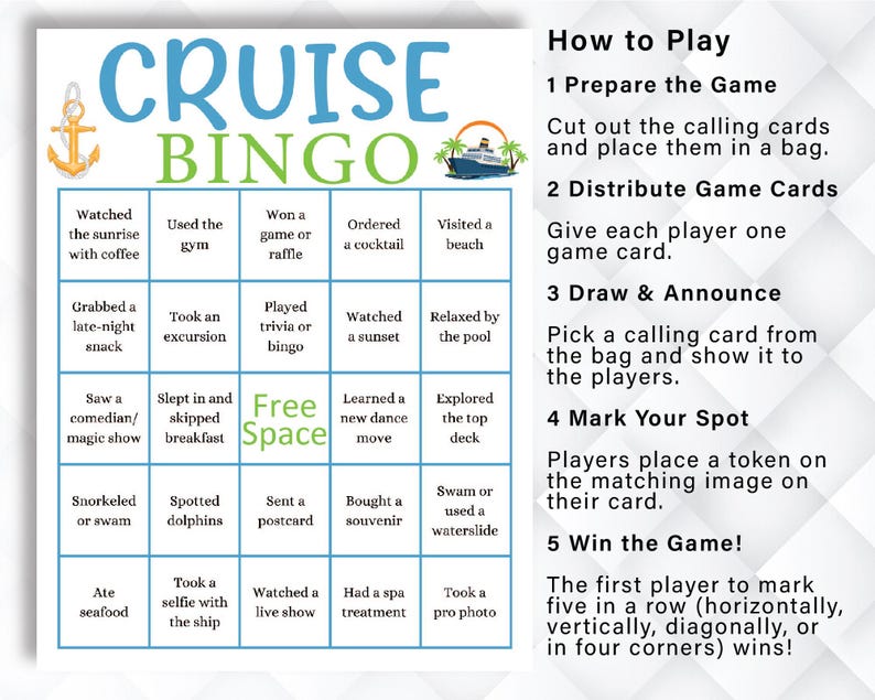 Cruise Bingo, 60 Cruise Bingo Cards, Cruise Games, Family Cruise Games ...