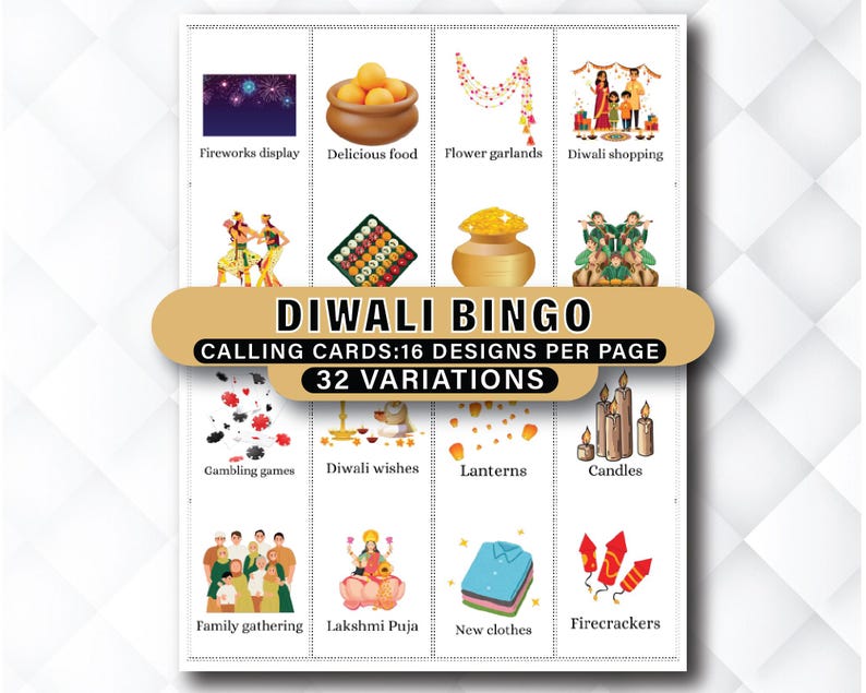 60 Diwali Bingo Cards, Diwali Party Games, Desi Indian Party Activity ...