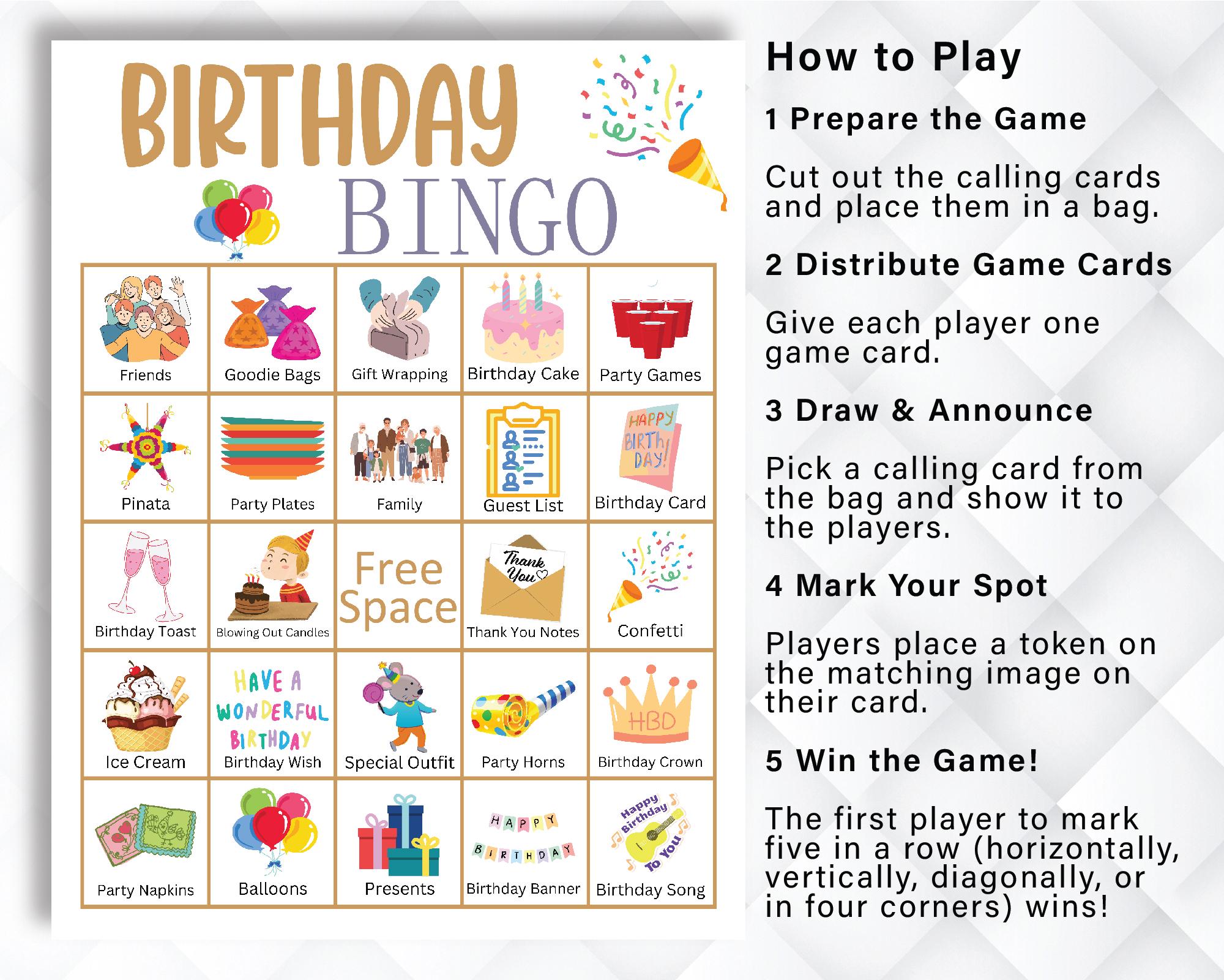 Birthday Bingo Cards Printable Game, 60 Happy Birthday Bingo Board Game ...