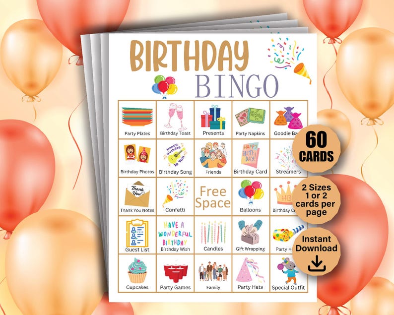 Birthday Bingo Cards Printable Game, 60 Happy Birthday Bingo Board Game ...
