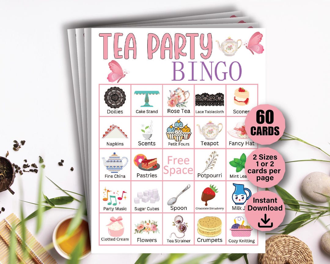 60 Tea Party Bingo Cards, High Tea Bingo, Tea Party Birthday Bingo ...