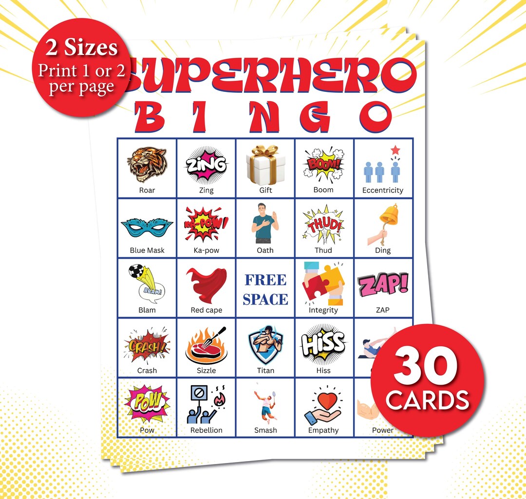 Superhero Bingo, 30 Superhero Bingo Cards, Kid's Printable Bingo Game ...