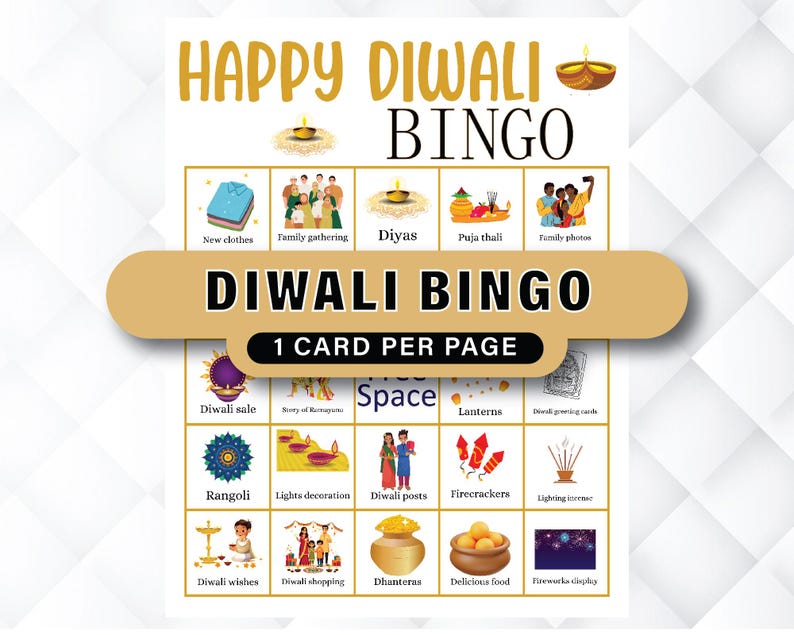 60 Diwali Bingo Cards, Diwali Party Games, Desi Indian Party Activity ...