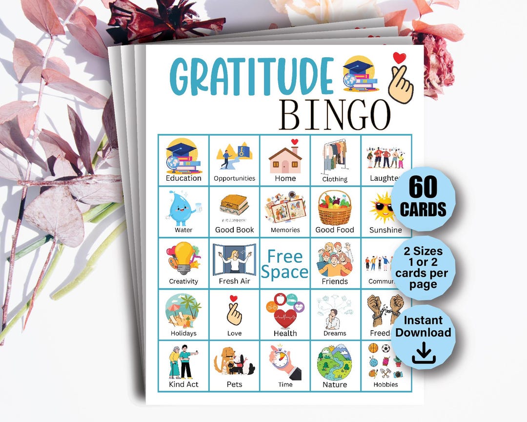 60 Gratitude Bingo Cards, Counseling Bingo Game, Mindfulness Bingo ...