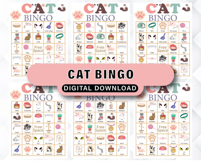 60 Cat Bingo Cards, Kitten Bingo, Kitty Party Game, Pets Classroom ...