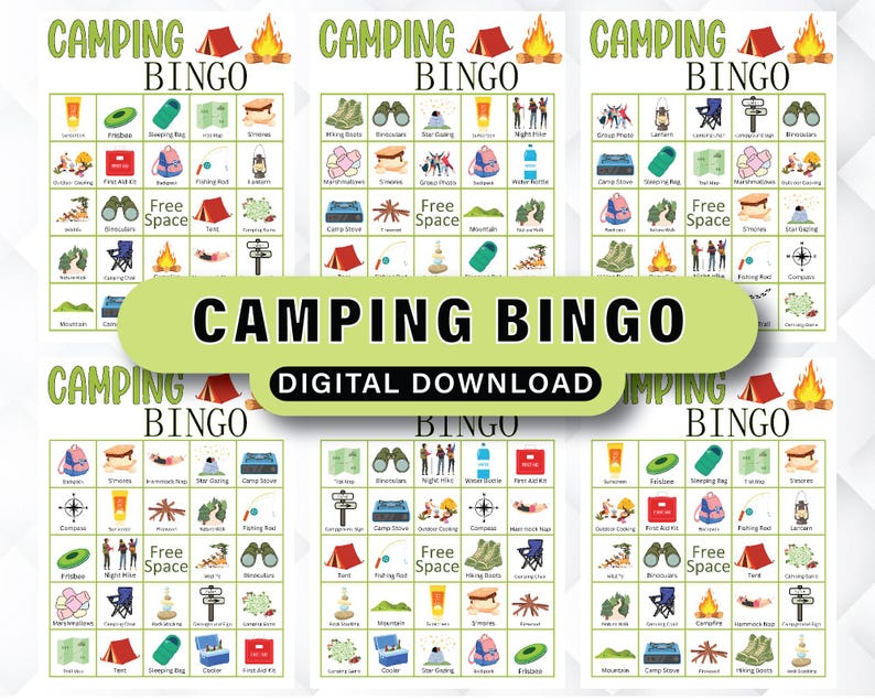 60 Camping Bingo Cards, Camping Game, Camping Party Game, Forest Nature ...
