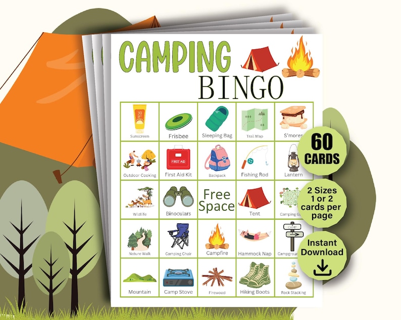 60 Camping Bingo Cards, Camping Game, Camping Party Game, Forest Nature ...