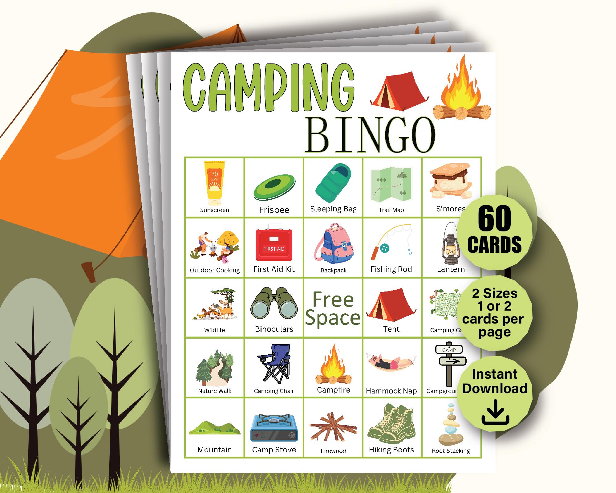 60 Camping Bingo Cards, Camping Game, Camping Party Game, Forest Nature ...