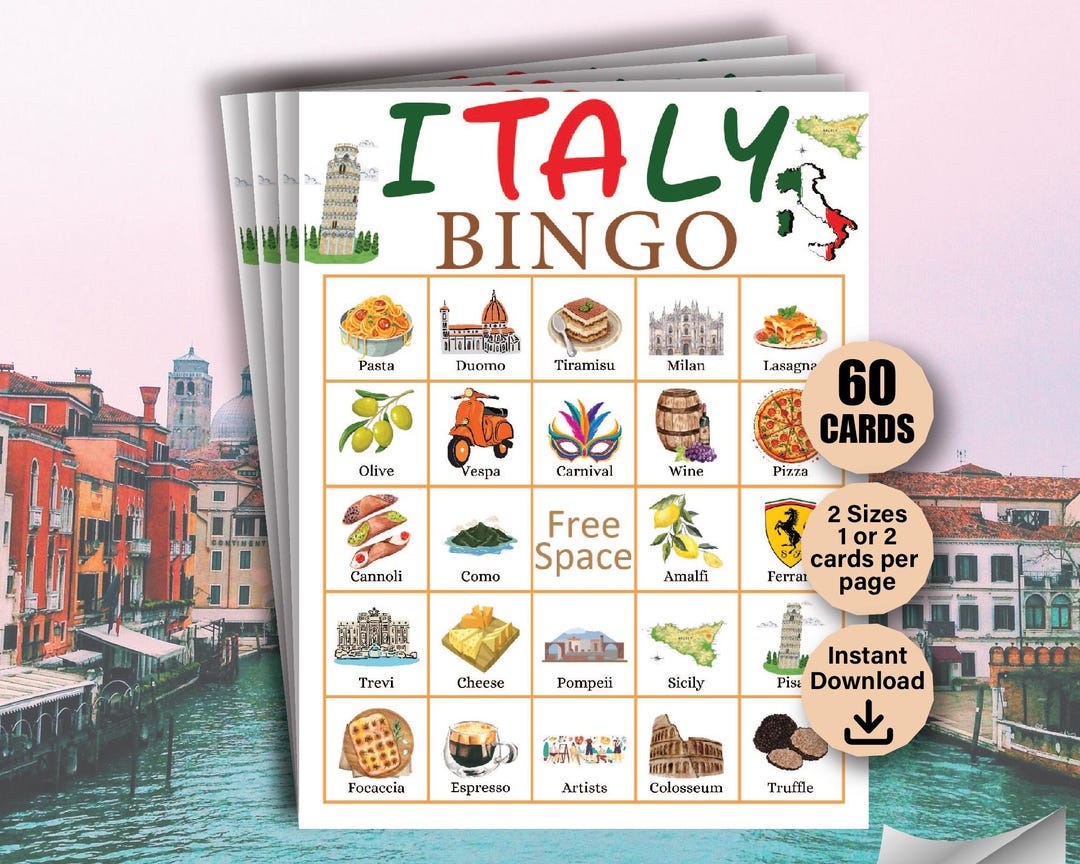 60 Italy Travel Bingo Cards, Italy Trip Vacation Game, Italy Themed ...