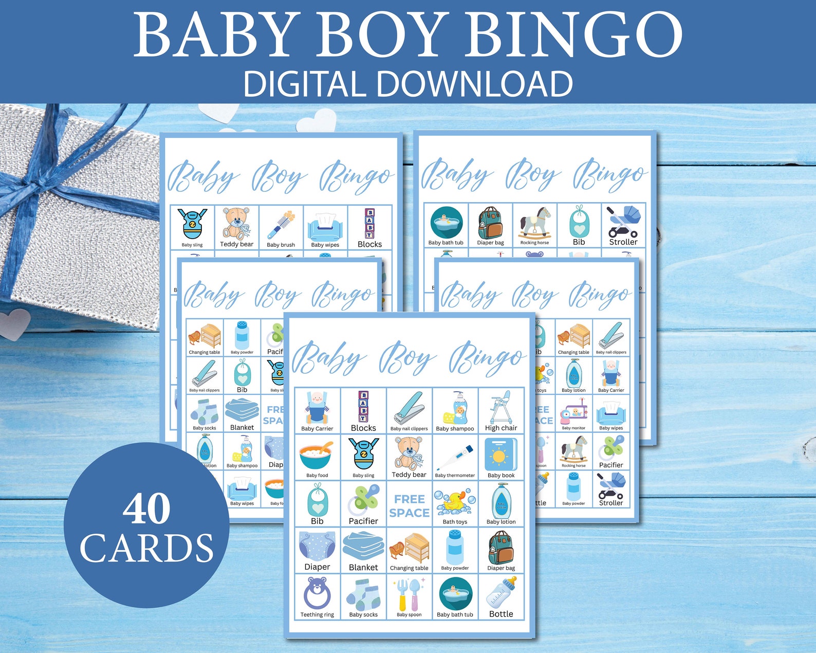 Baby Boy Bingo, 40 Baby Boy Bingo Cards, Baby Boy Game, Baby Bingo and ...