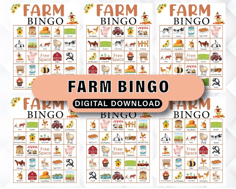 60 Farm Bingo Cards, Farm Bingo Game, Farm Party Game, Barnyard ...