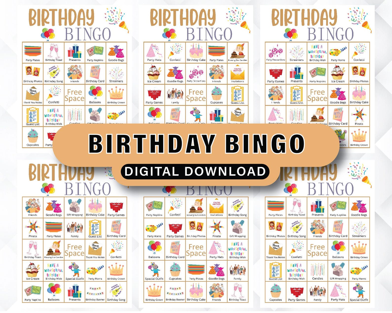 Birthday Bingo Cards Printable Game, 60 Happy Birthday Bingo Board Game ...