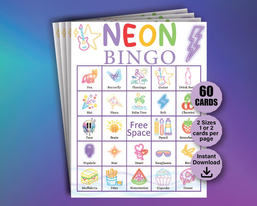 60 Neon Bingo Cards, Neon Birthday Party Game, Glow Party Game, Kids ...