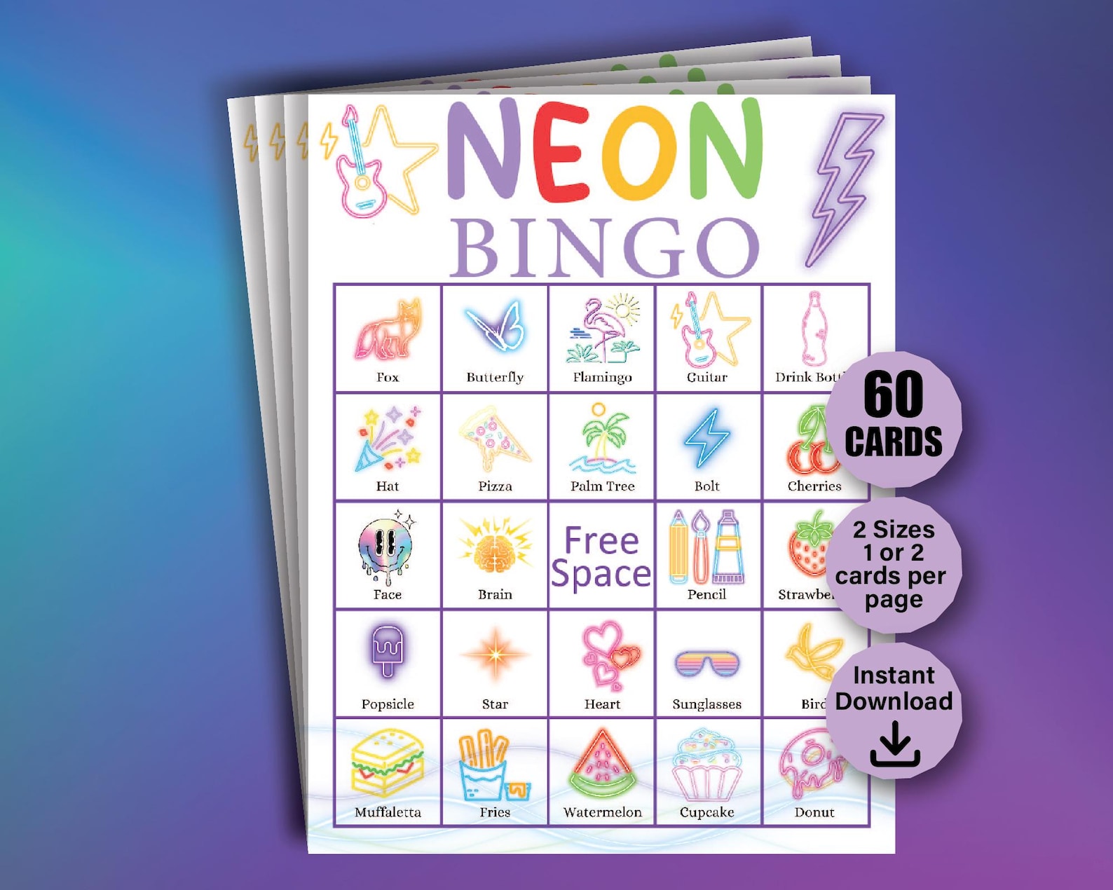 60 Neon Bingo Cards, Neon Birthday Party Game, Glow Party Game, Kids ...