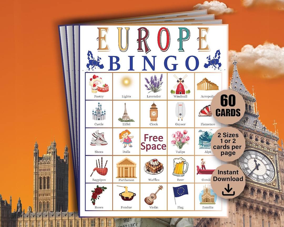 60 Europe Travel Bingo Cards, European Trip Bingo, Europe Travel Party ...