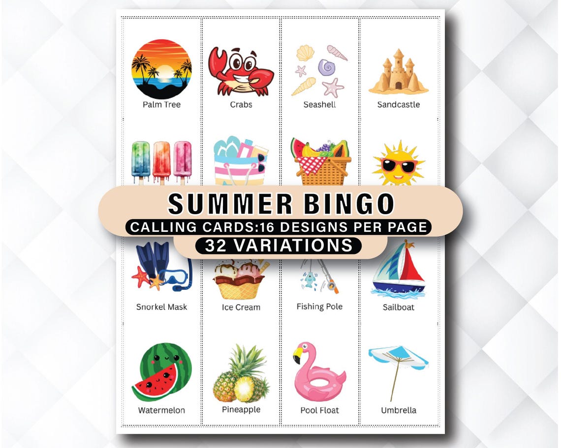 Summer Bingo, 60 Summer Bingo Cards, Summer Game, Kid's Printable Bingo ...
