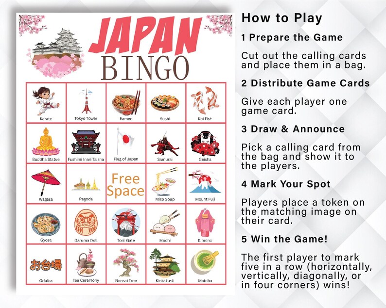 60 Japan Bingo Cards, Japan Travel Bingo, Asia Trip Vacation, Japanese ...