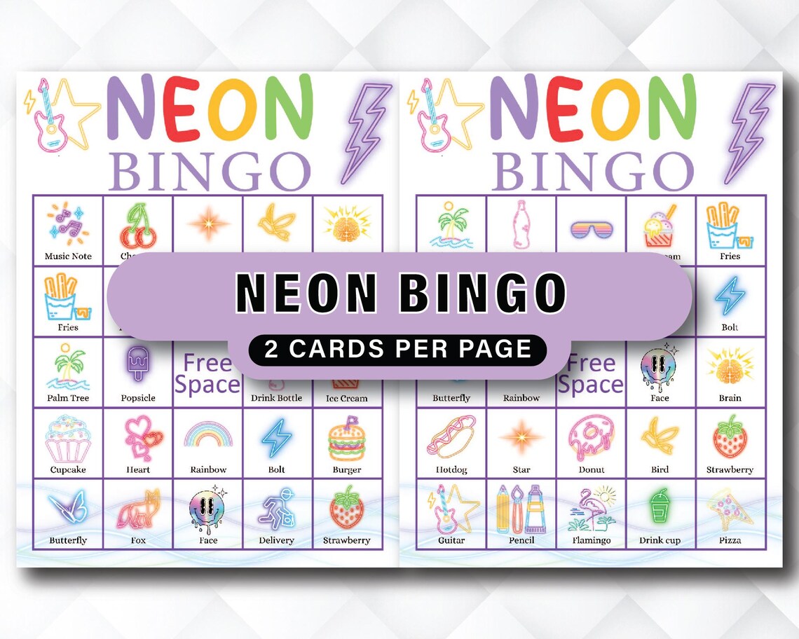 60 Neon Bingo Cards, Neon Birthday Party Game, Glow Party Game, Kids ...