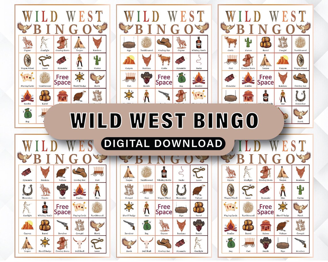 60 Wild West Bingo Cards, Bingo Games, Cowboy Bingo, Native American ...