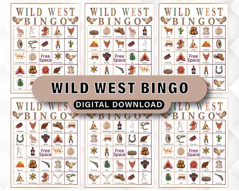 60 Wild West Bingo Cards, Bingo Games, Cowboy Bingo, Native American ...