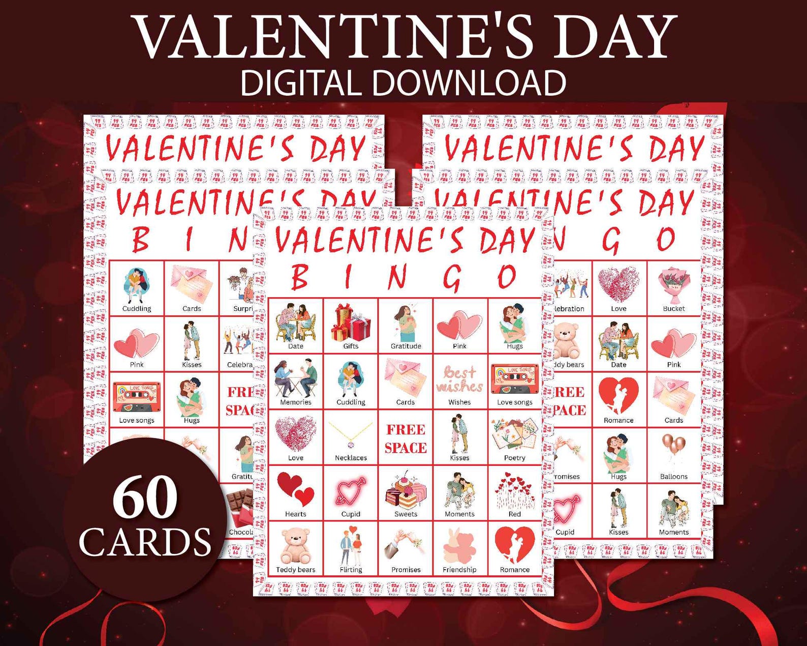 60 Valentines Bingo Game Cards Printable, Kids Valentine's Classroom ...