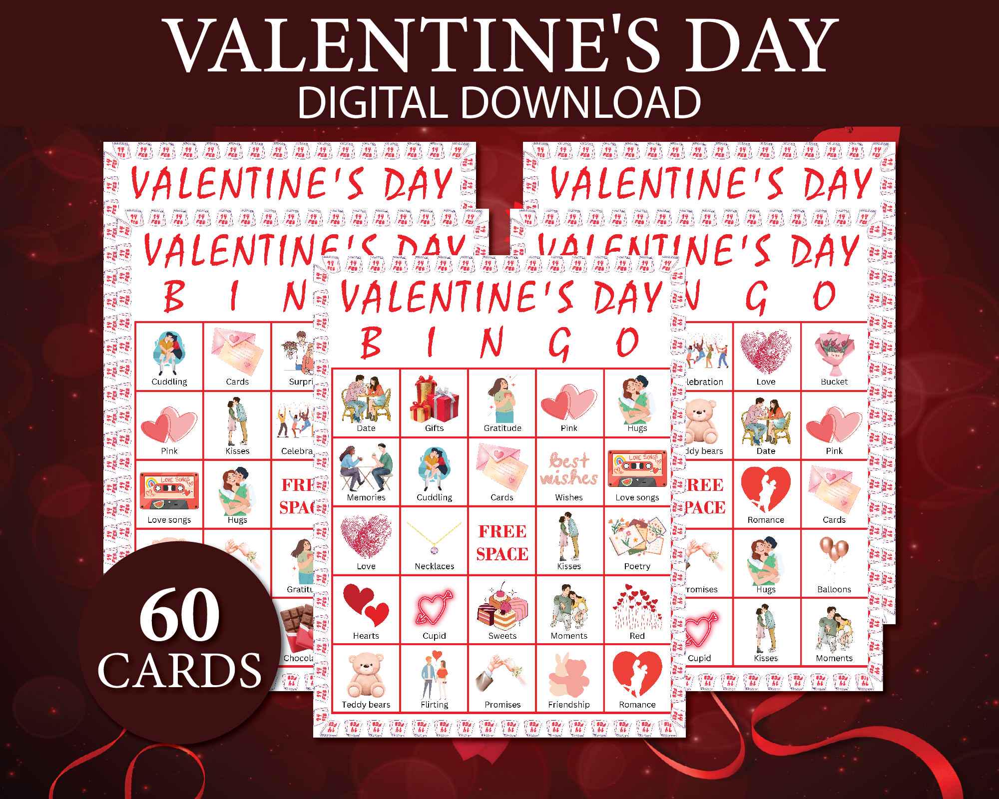 60 Valentines Bingo Game Cards Printable, Kids Valentine's Classroom ...