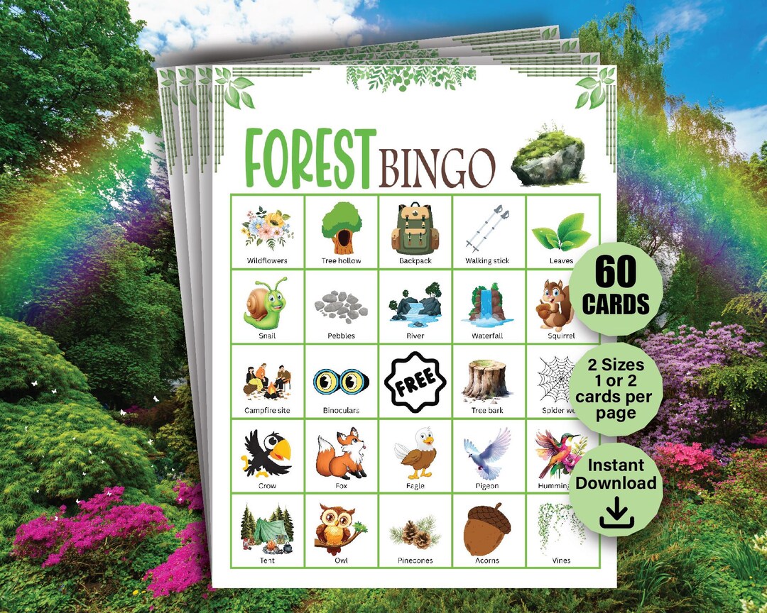 60 Forest Bingo Cards, Nature Party Game, Forest Hunt Bingo Cards ...