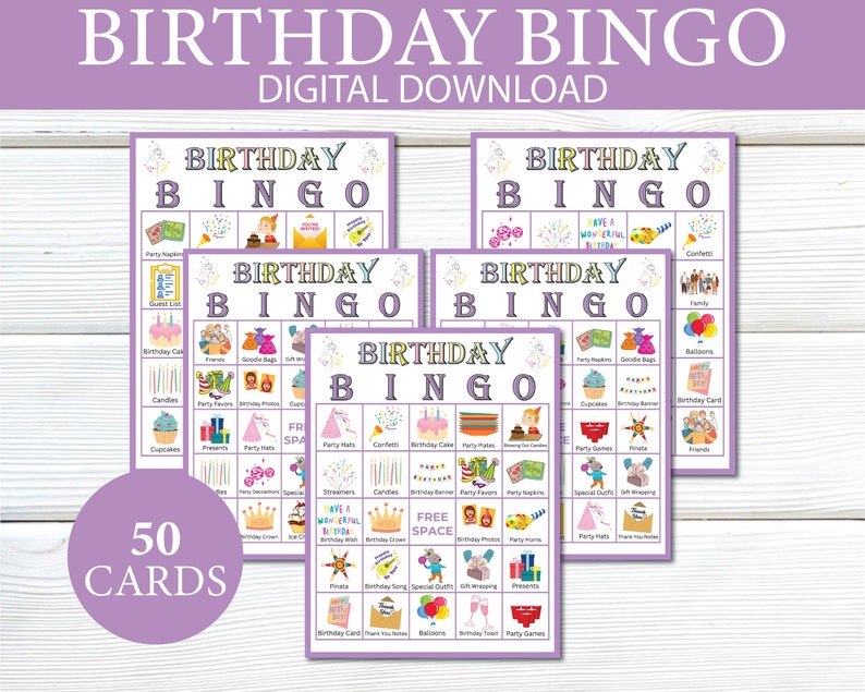 Birthday Bingo Cards Printable Game, 50 Happy Birthday Bingo Board Game ...