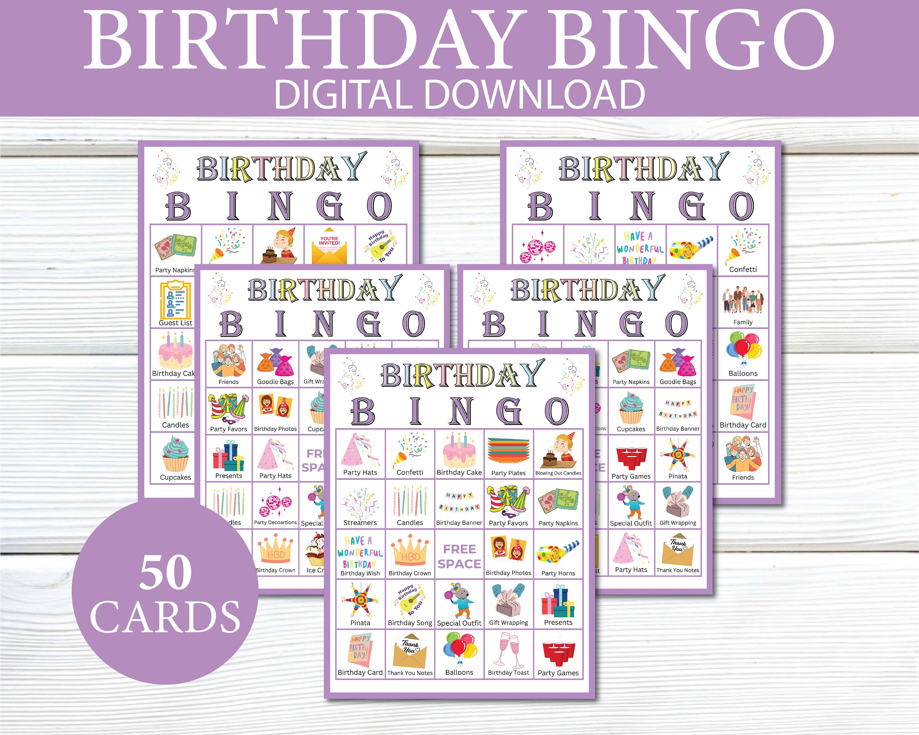 Birthday Bingo Cards Printable Game, 50 Happy Birthday Bingo Board Game ...