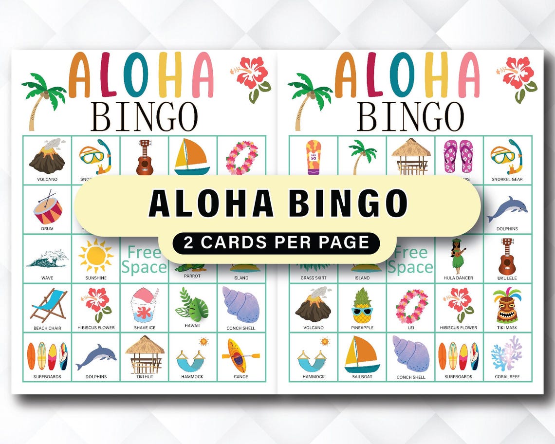 60 Aloha Bingo Cards, Luau Bingo, Hawaiian Bingo, Luau Birthday Party ...