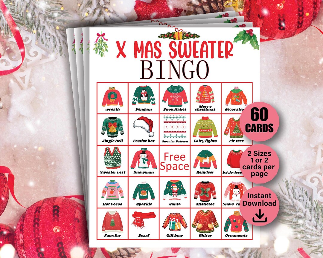 60 Ugly Christmas Sweater Bingo Cards, Christmas Bingo, Christmas Games ...