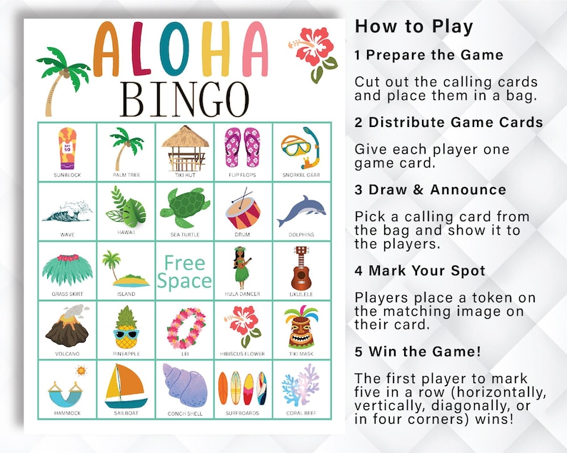 60 Aloha Bingo Cards, Luau Bingo, Hawaiian Bingo, Luau Birthday Party ...