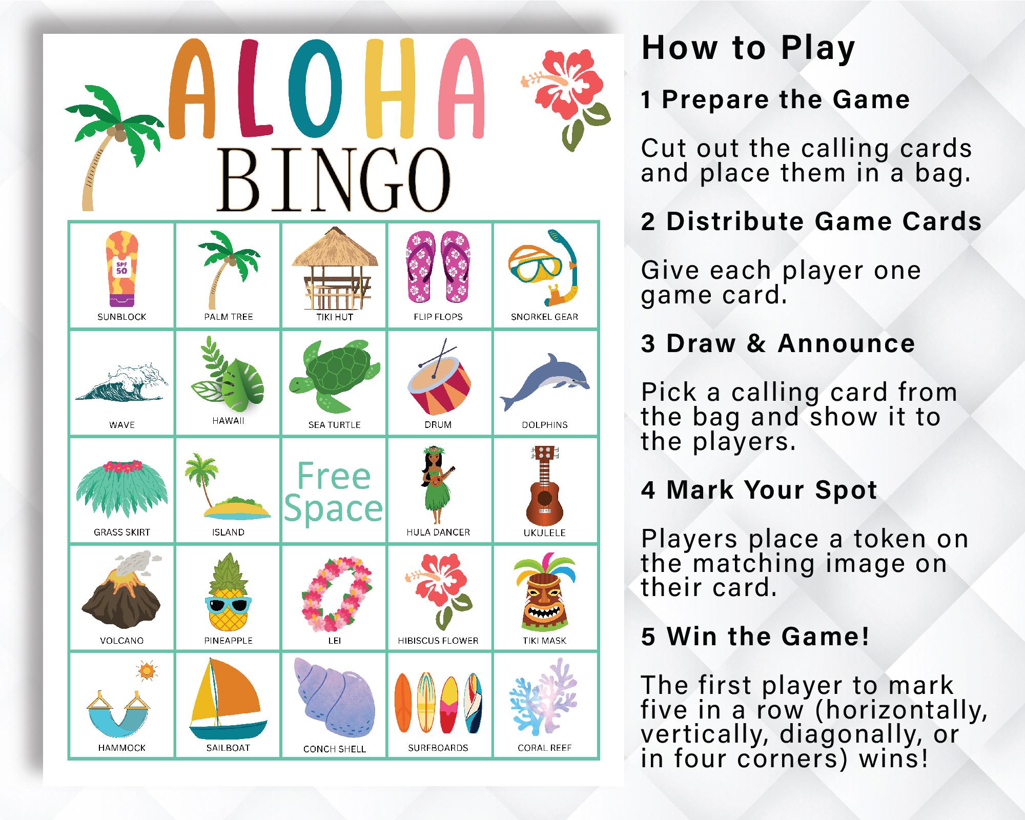 60 Aloha Bingo Cards, Luau Bingo, Hawaiian Bingo, Luau Birthday Party ...