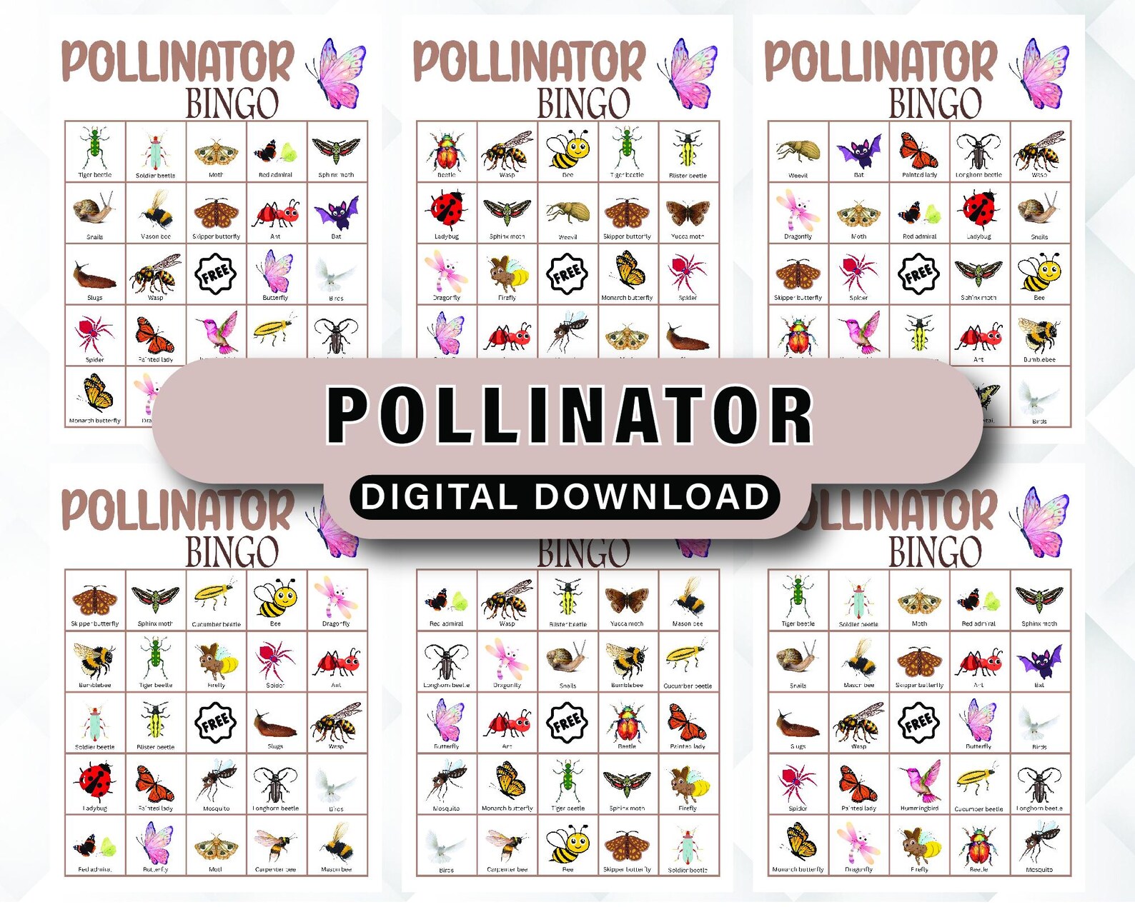 Pollinator Bingo 60 Cards, Nature Bingo Cards, STEM Game for Kids, Summer Activity for Kids ...