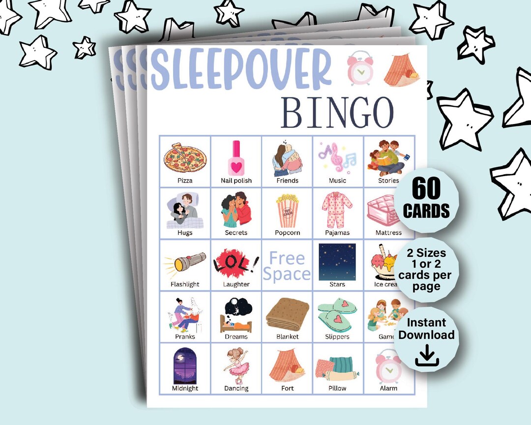 60 Sleepover Bingo Cards, Sleepover Game, Slumber Party Bingo, Pajama ...