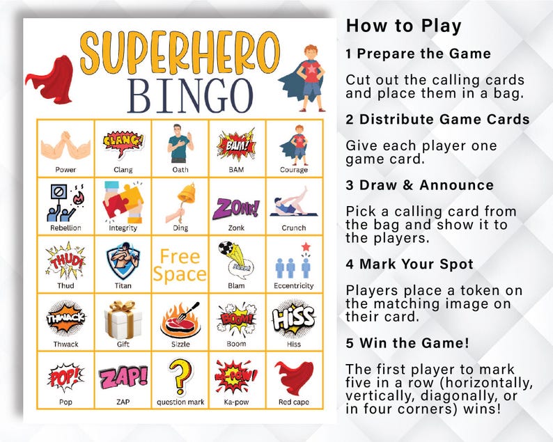 Superhero Bingo, 60 Superhero Bingo Cards, Kid's Printable Bingo Game ...