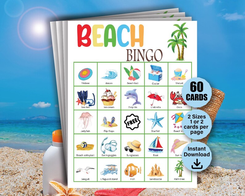 60 Beach Day Bingo Cards ,beach Party Bingo, Summer Party Game, Beach ...